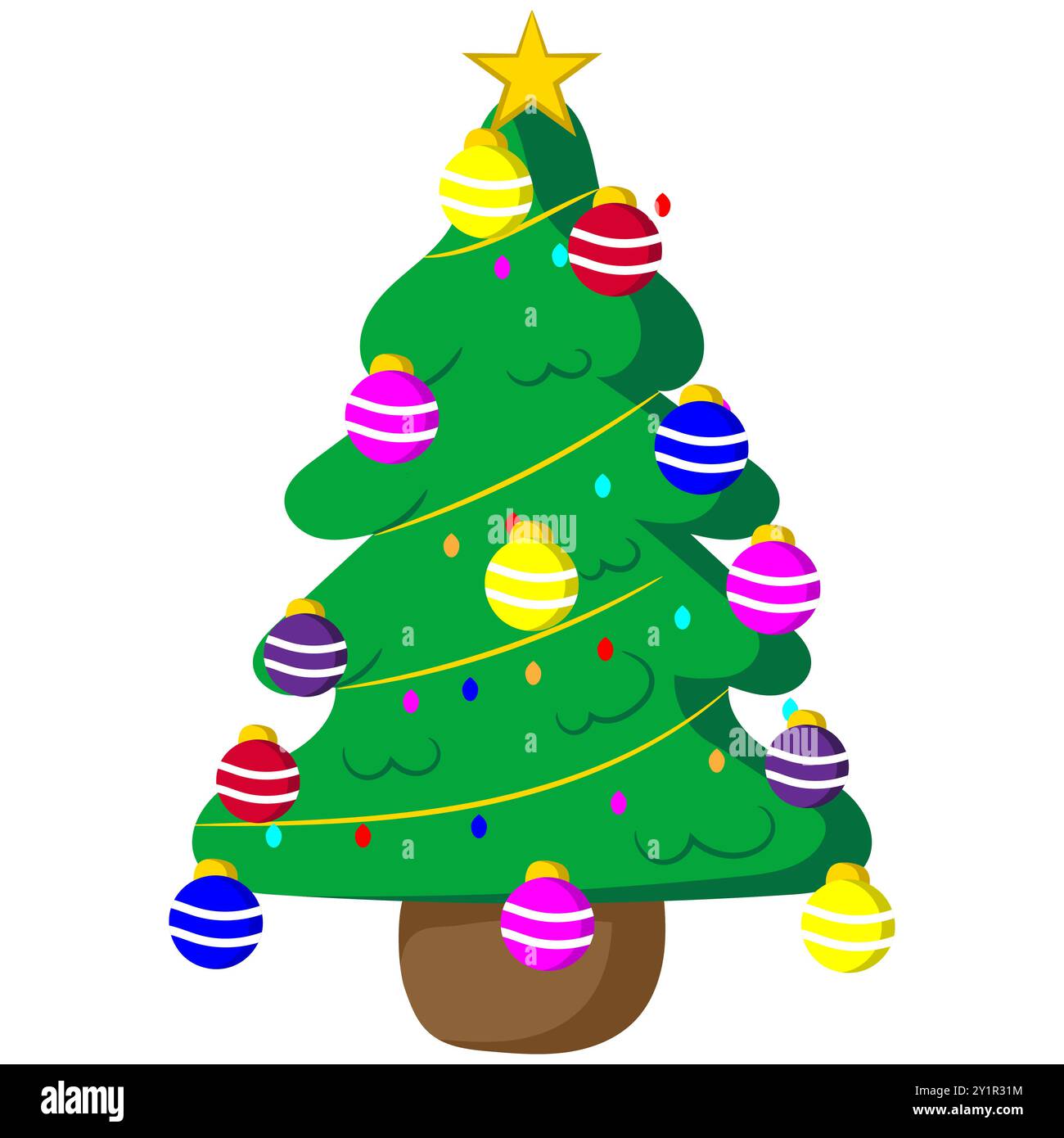 Christmas tree cartoon graphic with bauble's and lights isolated on a ...
