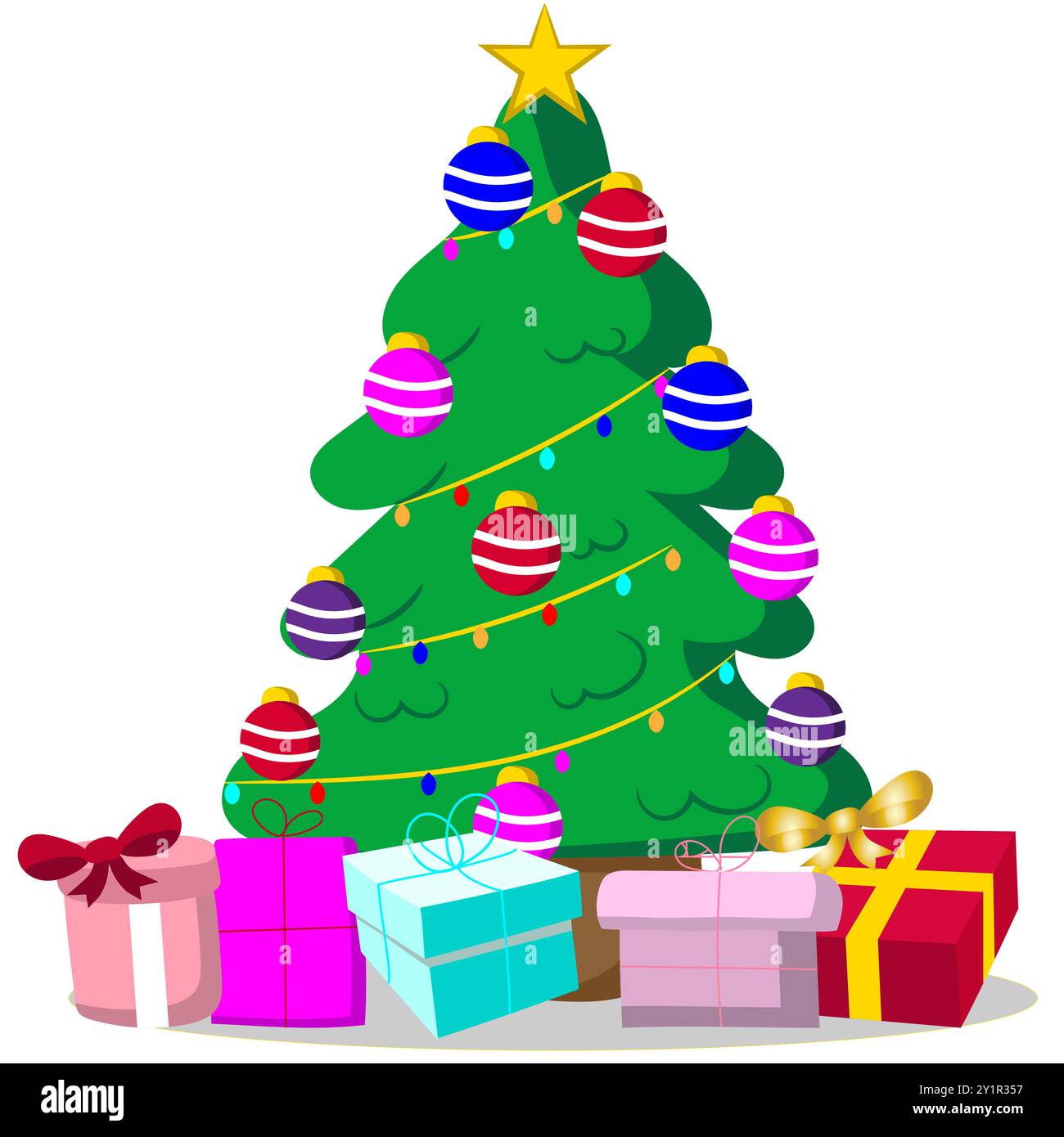 Christmas tree cartoon graphic with bauble's, lights and presents or ...