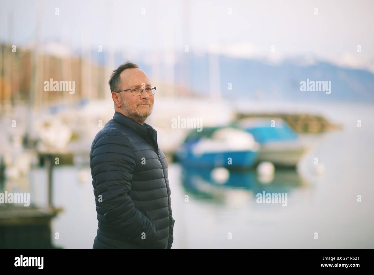 Outdoor portrait of 50 - 55 year old man enjoyng nice lake view Stock ...
