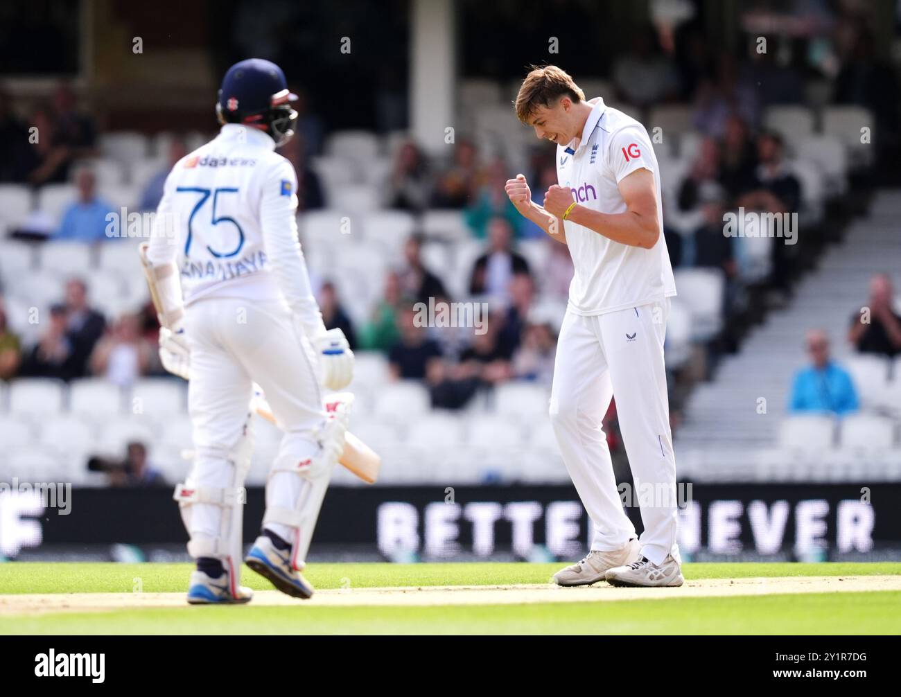 England's Josh Hull celebrates taking the wicket of Sri Lanka captain ...