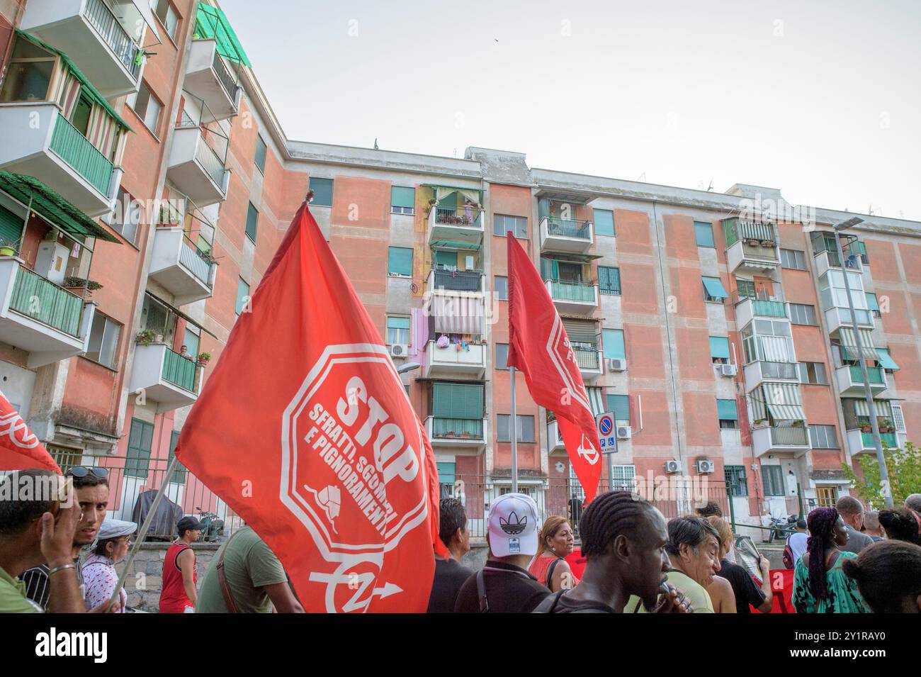 Rome, Italy. 7th Sep, 2024. Demonstrators wave the flag of the movement ...