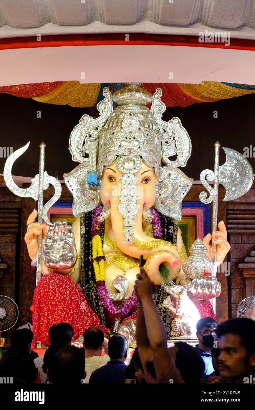 07 September 2024, Pune, Maharashtra, India, Huge idol of Lord Ganesh ...