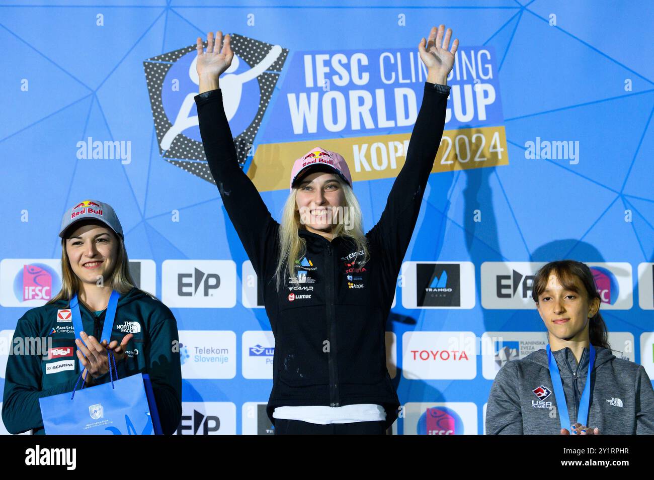 Winners of IFSC Women Leads climbing World Cup Koper 2024 celebrating ...