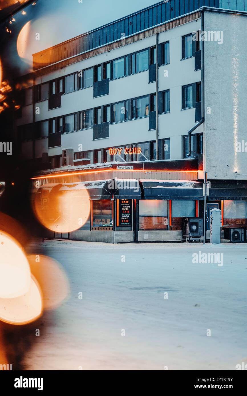 Roy Club bar and nightclub in Rovaniemi, Lapland behind bokeh in snowy ...