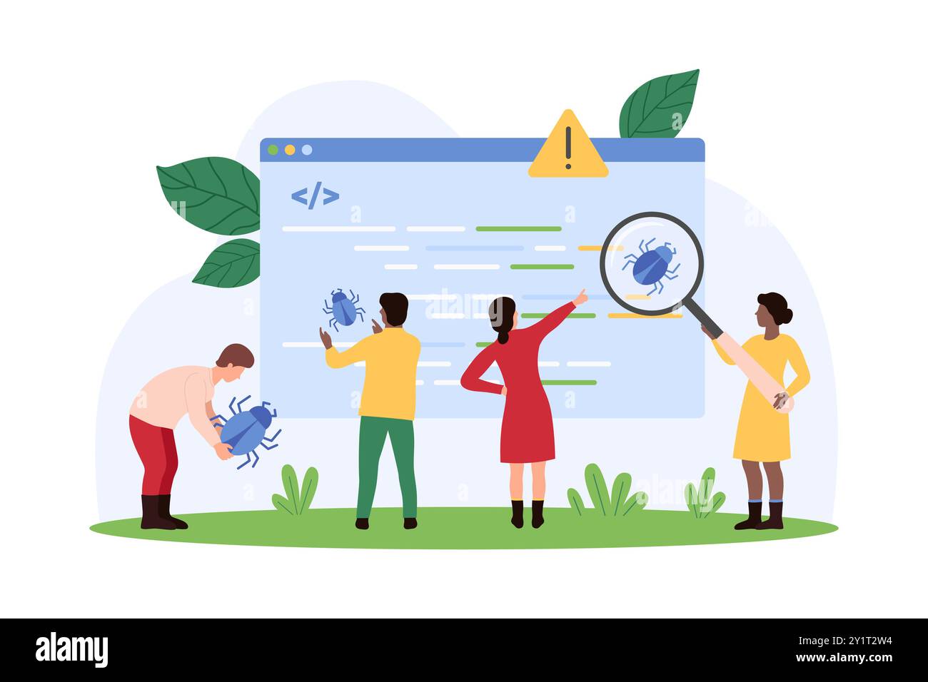 Bugs search in software and mobile app code, testing. Tiny people look ... Bugs search in software and mobile app code, testing. Tiny people look ...