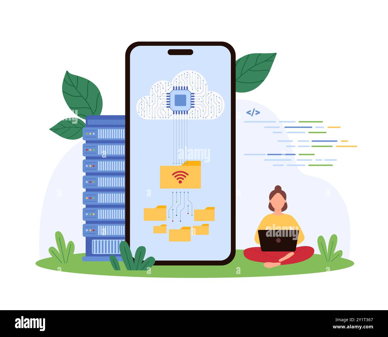 Cloud data download and storage, mobile app. Tiny woman downloading folders with files on ...