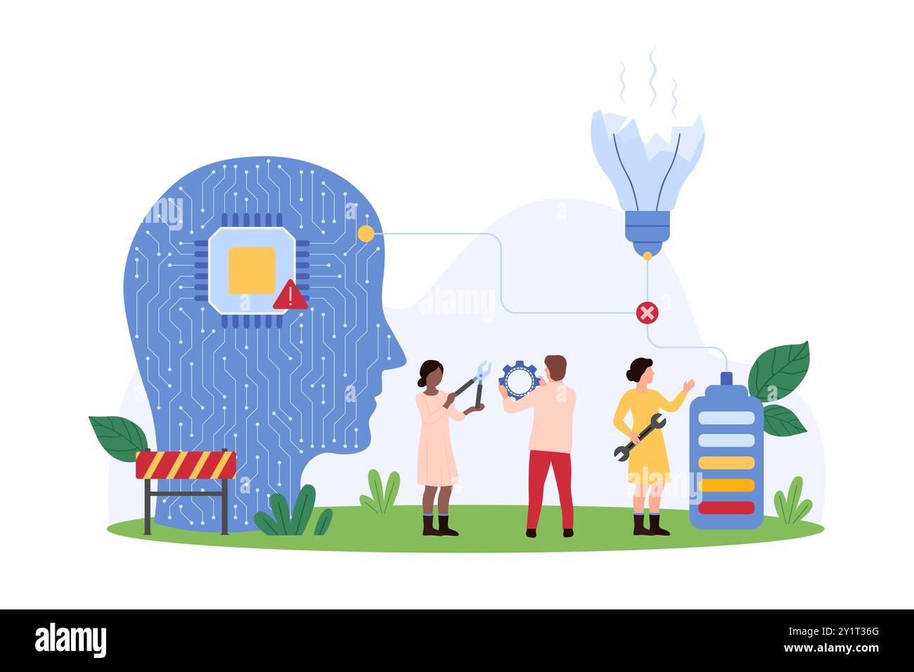 Fail and error in work process of AI. Tiny people with gear and wrench ...