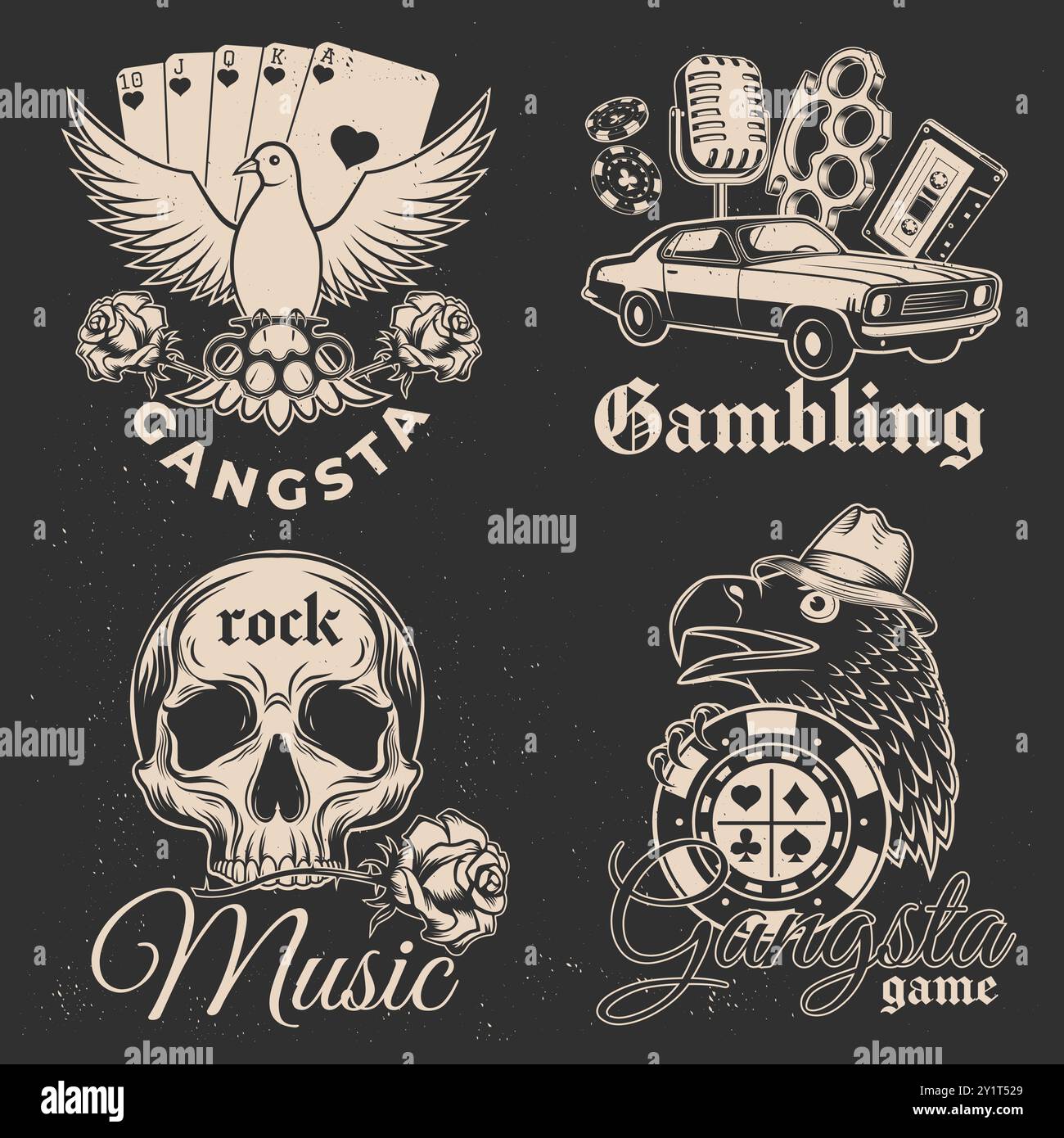 Set of gangsta design. Vintage print, logo, badge design with retro car ...