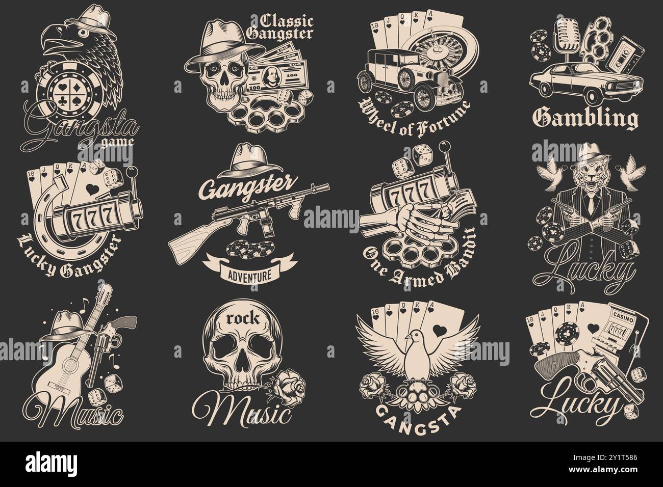 Set of gangster design. Vintage print, logo, badge design with retro ...