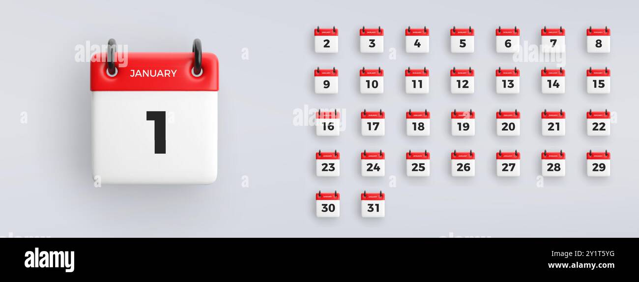 3D calendar icon with date from 1 to 31 of January on gray background ...