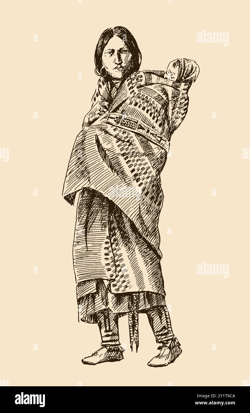 Standing Blackfoot woman in traditional clothing, carrying child in ...