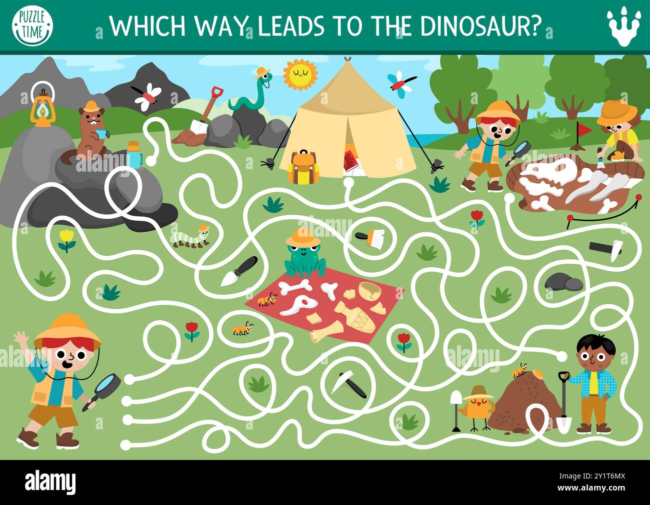 Dinosaur maze for kids with cute paleontologists. Prehistoric preschool ...