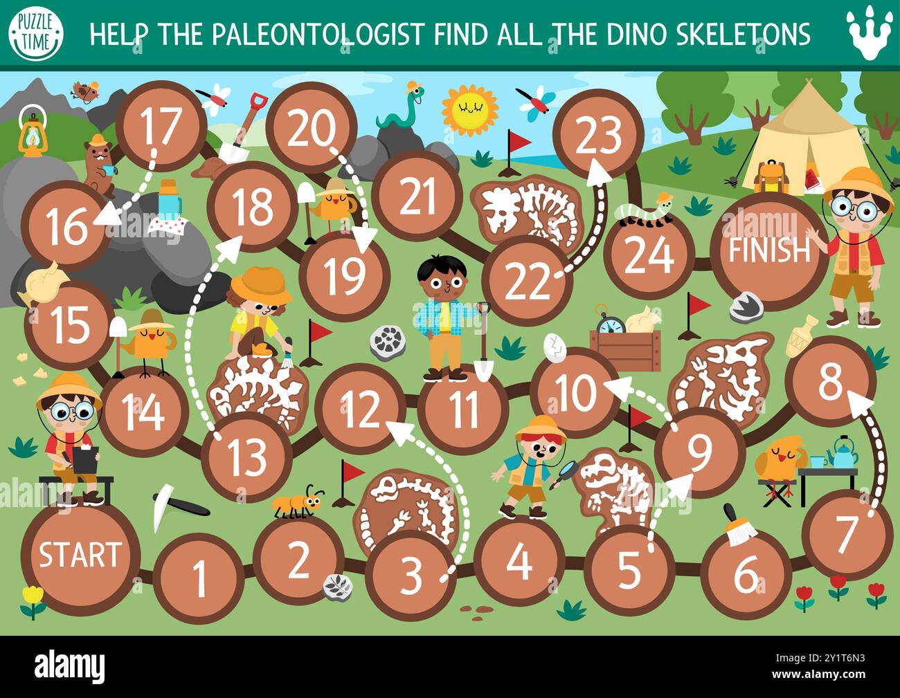 Dinosaur dice board game for children with cute paleontologists and dig ...