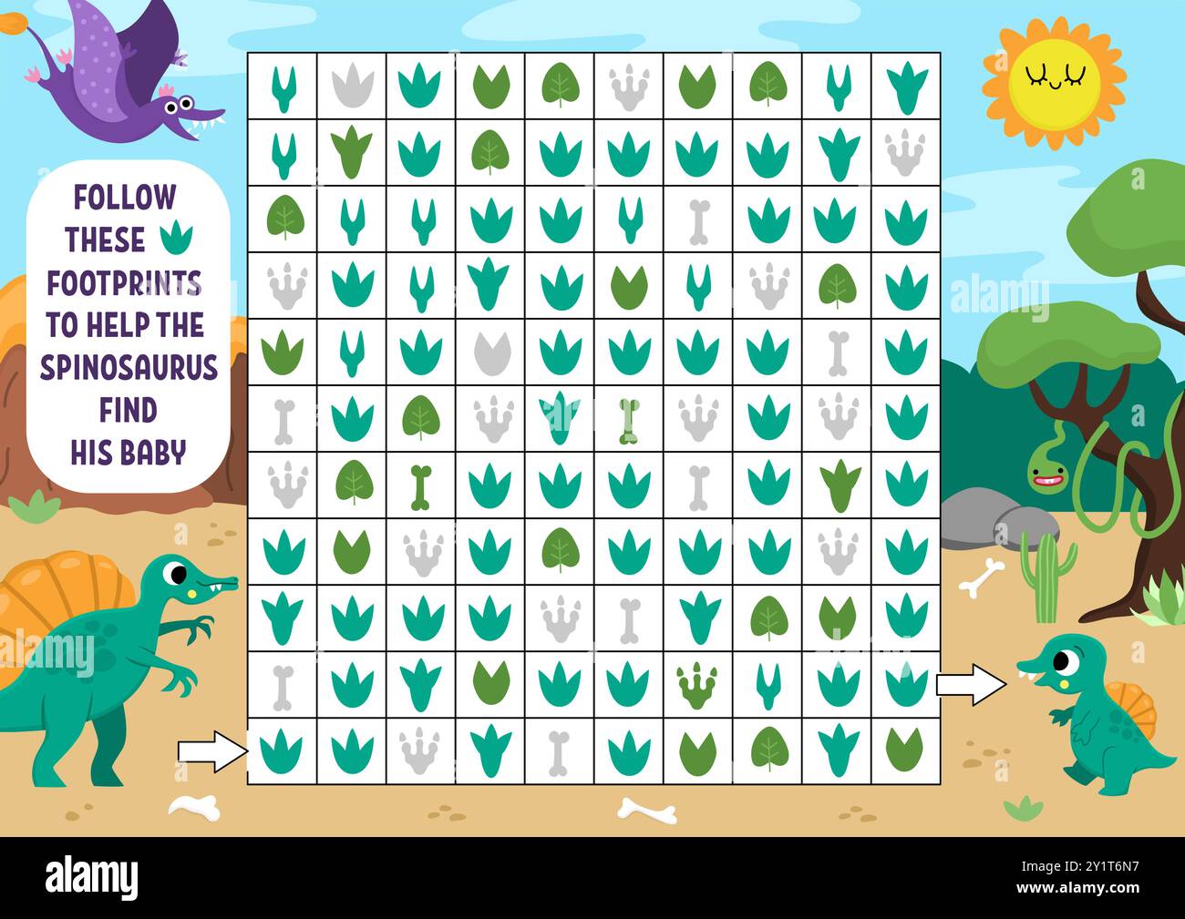 Dinosaur maze, seek and find game with dinos, desert. Attention skills ...