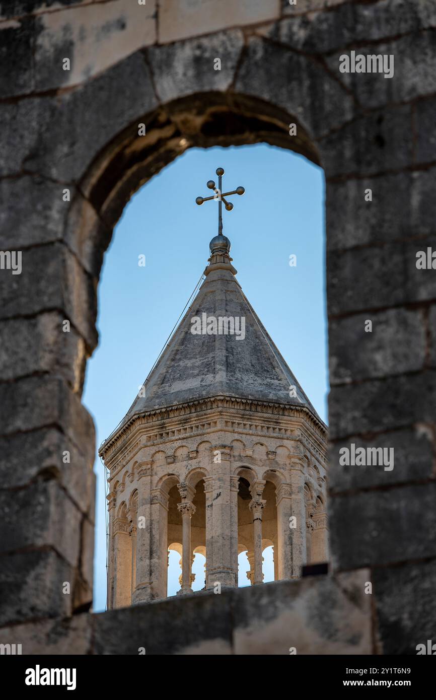 unusual view of church bell tower on historic church in grad split ...