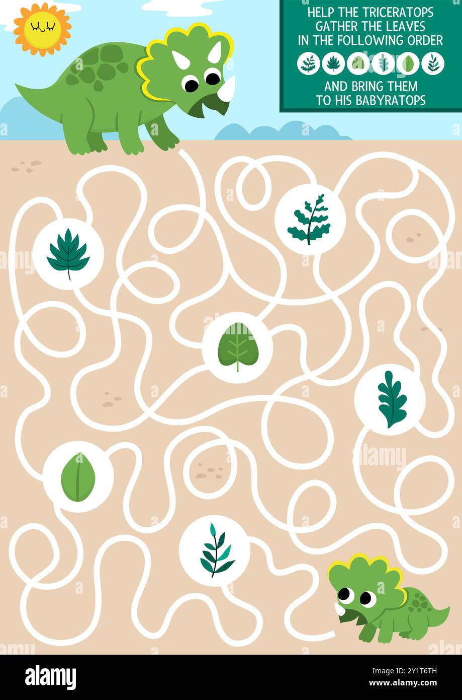 Dinosaur maze for kids with cute animals and ancient world landscape. Prehistoric preschool ...