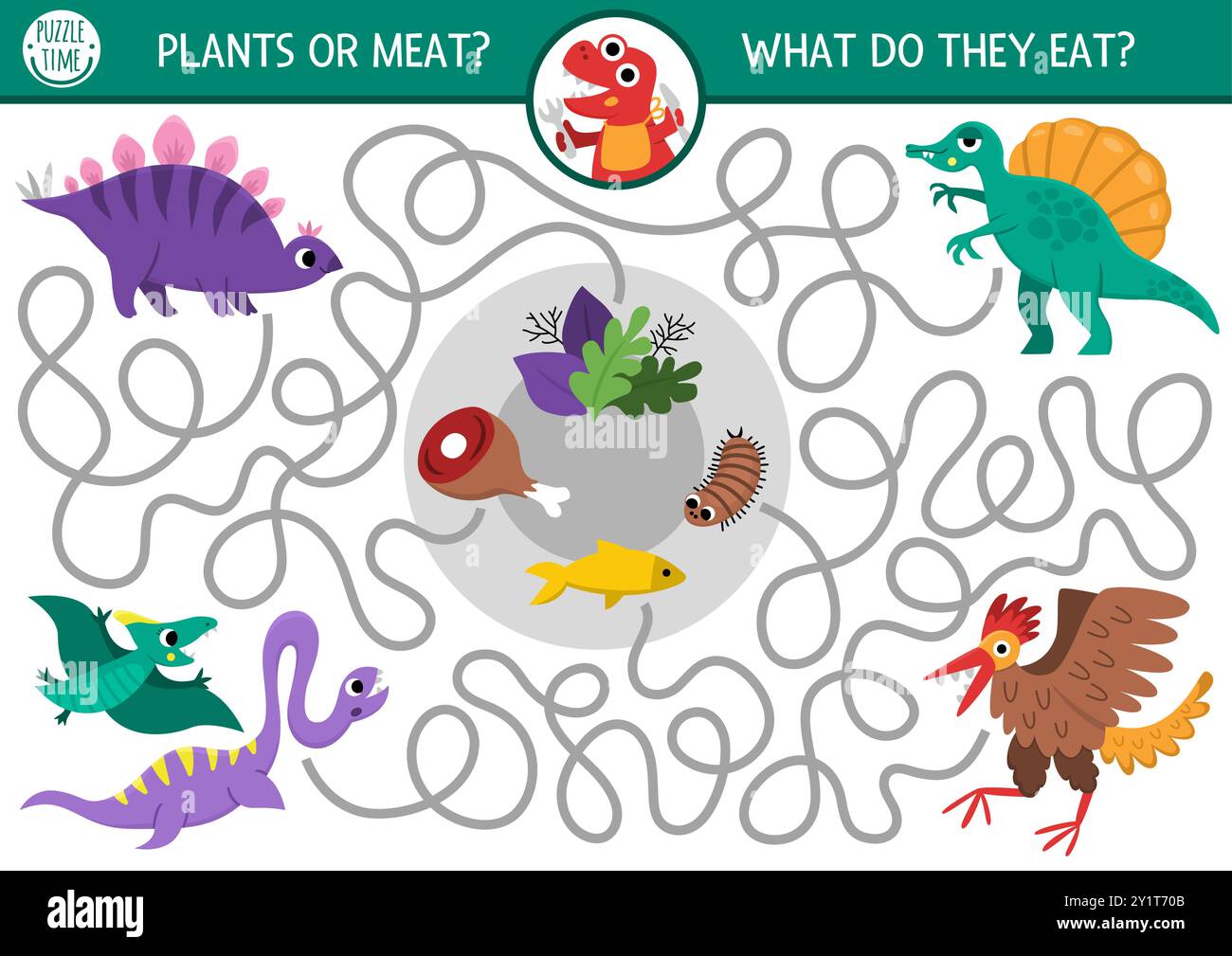 Dinosaur maze for kids with cute animals. Prehistoric preschool ...