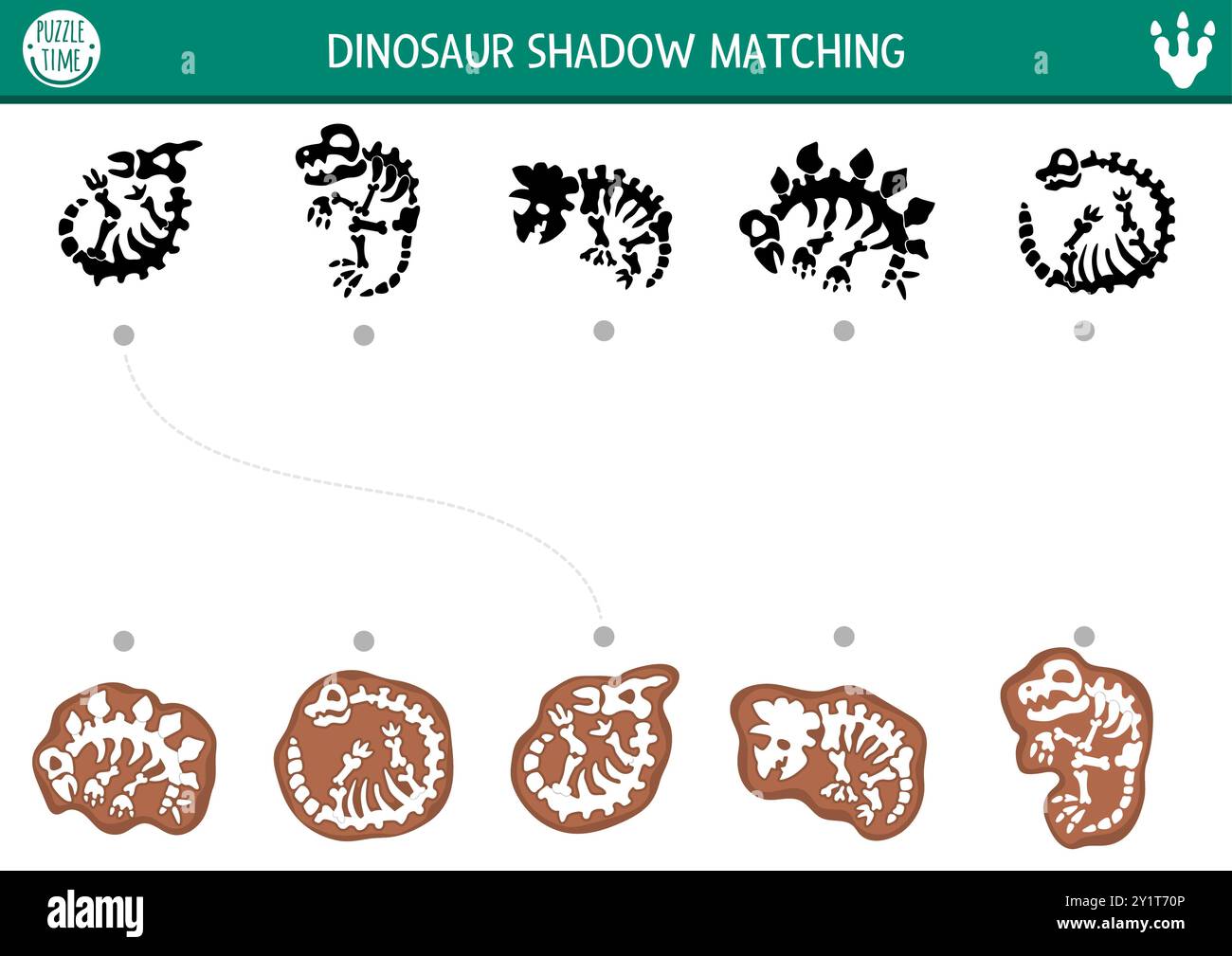 Dinosaur shadow matching activity with fossil bones. Prehistoric puzzle ...