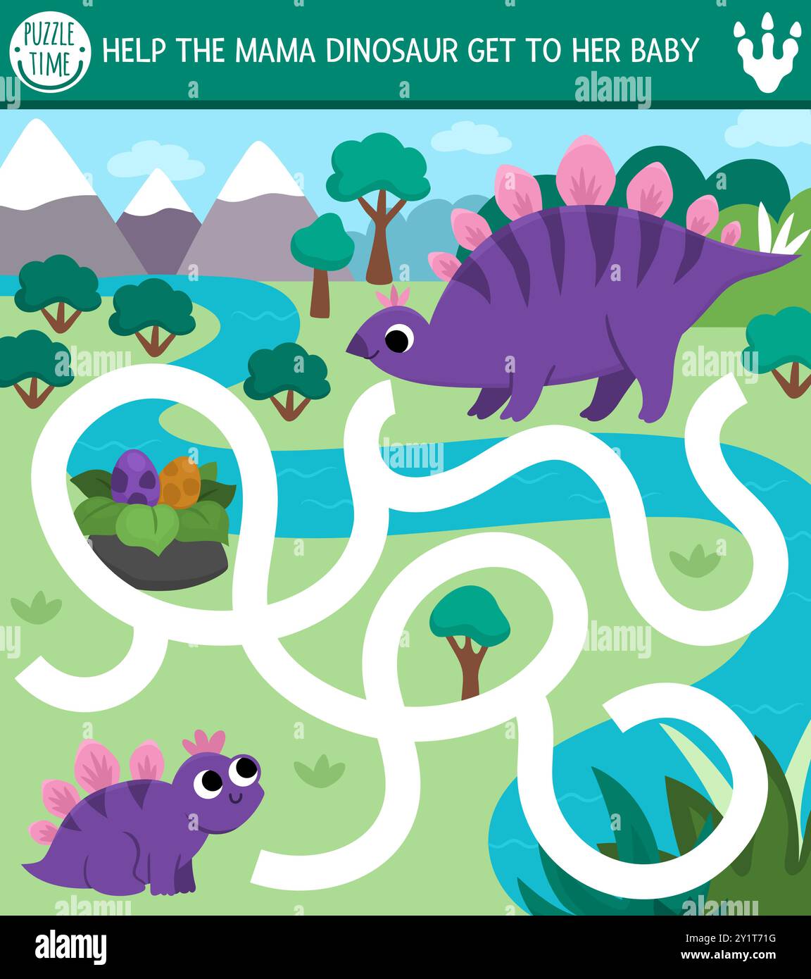 Simple dinosaur maze for kids with cute animals and ancient world landscape. Square prehistoric ...
