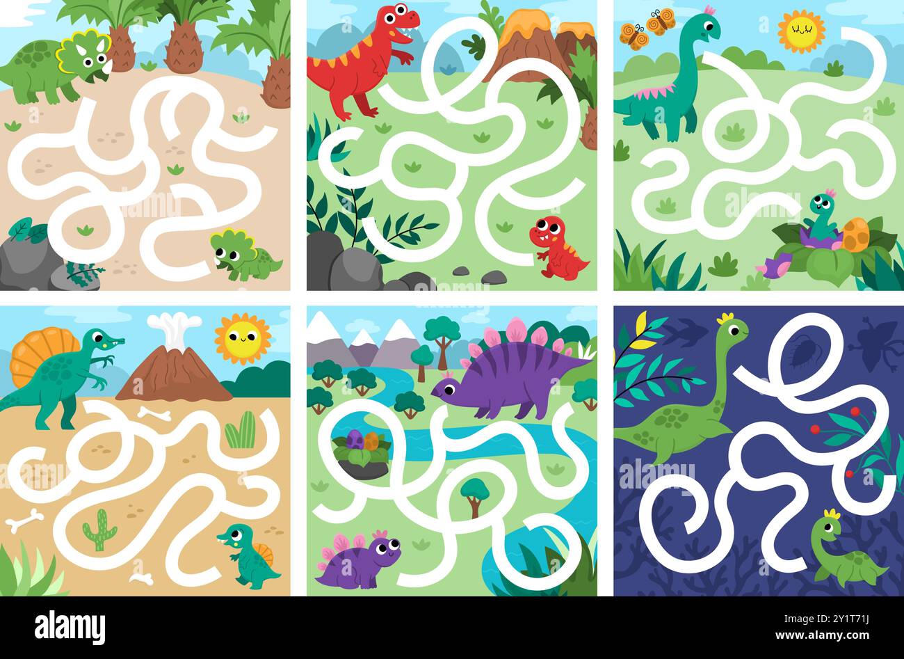 Simple dinosaur maze set for kids with cute animals and ancient world landscape. Square ...