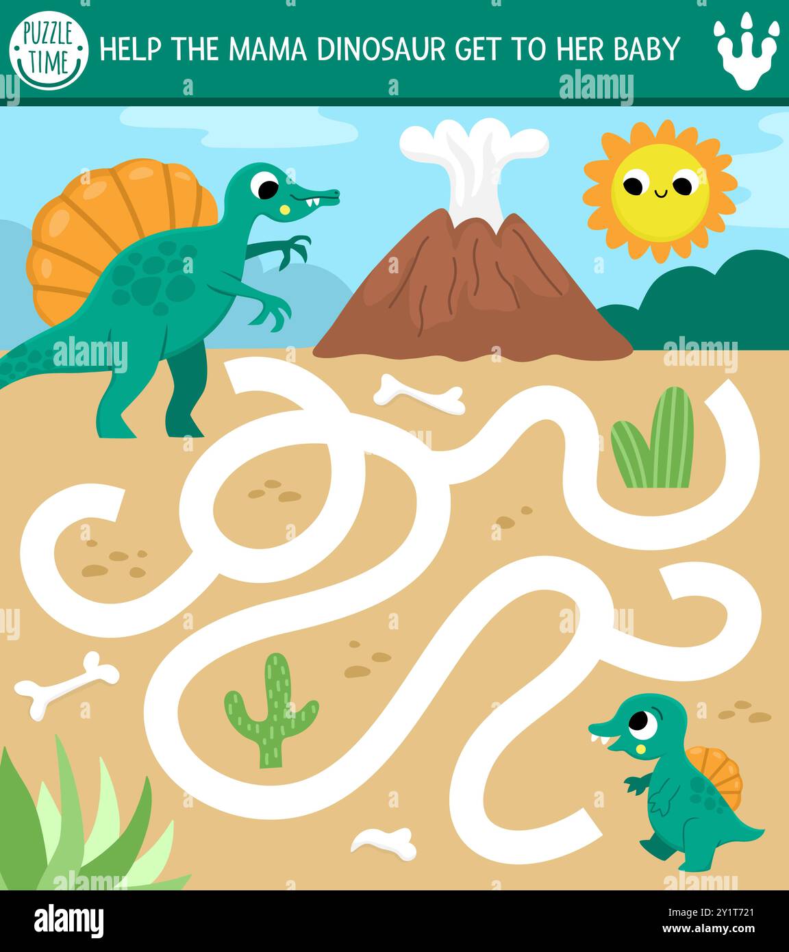 Simple dinosaur maze for kids with cute animals and ancient world landscape. Square prehistoric ...