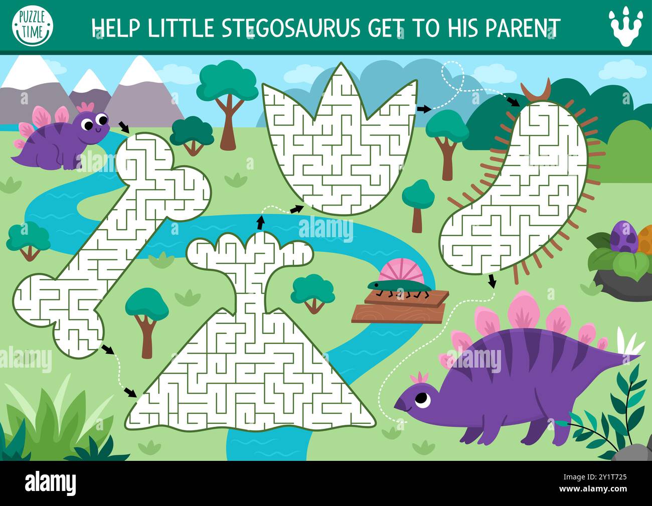 Dinosaur maze for kids with geometrical bone, footprint, volcano ...