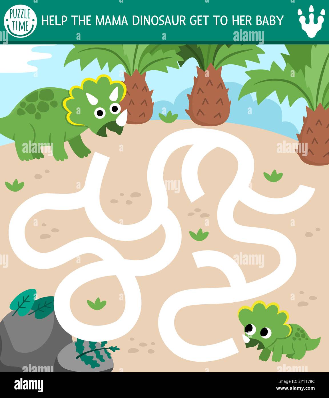 Simple dinosaur maze for kids with cute animals and ancient world landscape. Square prehistoric ...