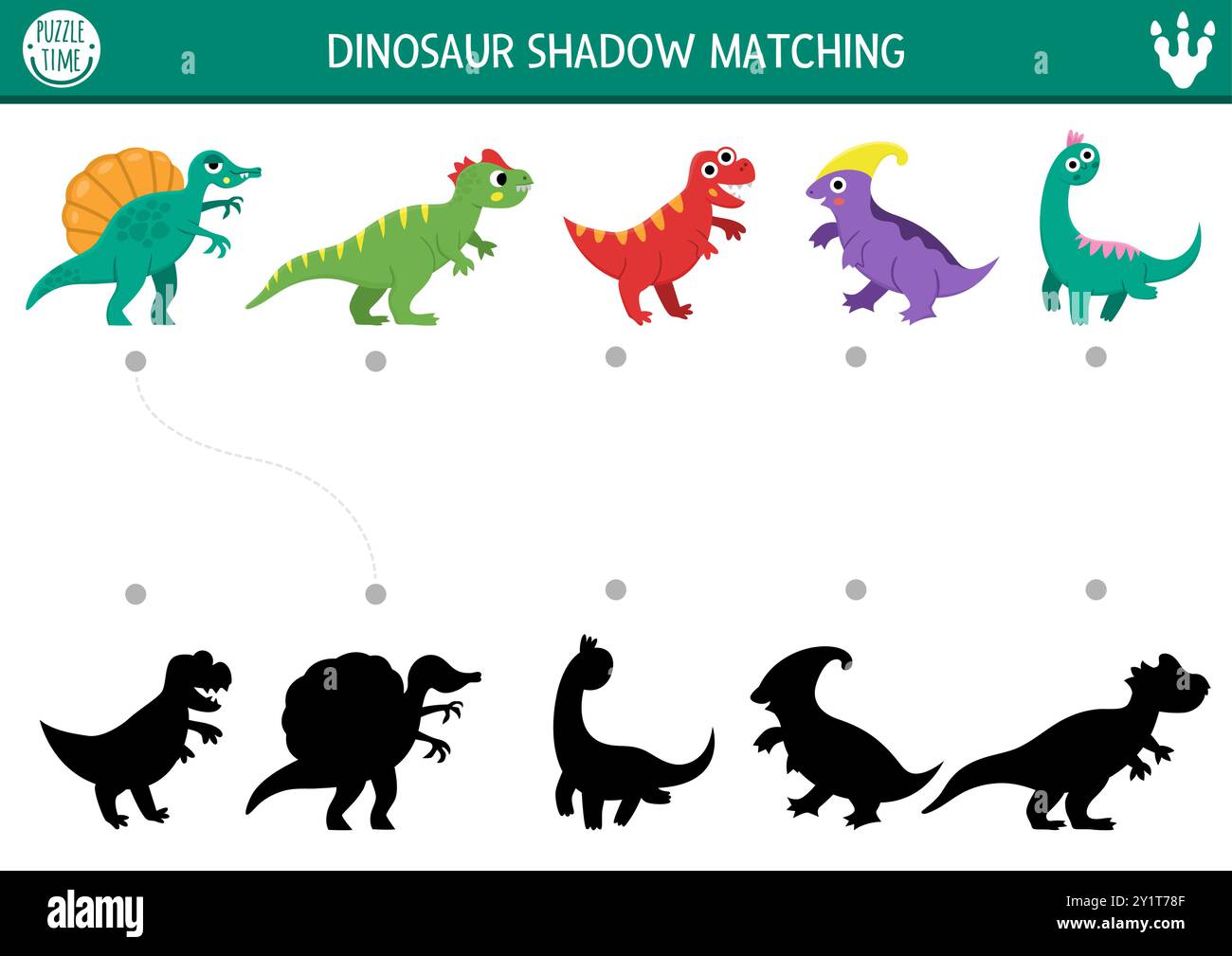 Dinosaur shadow matching activity with animals. Prehistoric puzzle with ...
