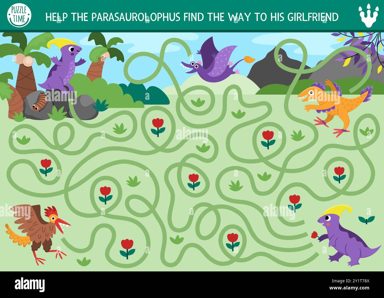 Dinosaur maze for kids with cute animals and ancient world landscape, pterosaur. Prehistoric ...