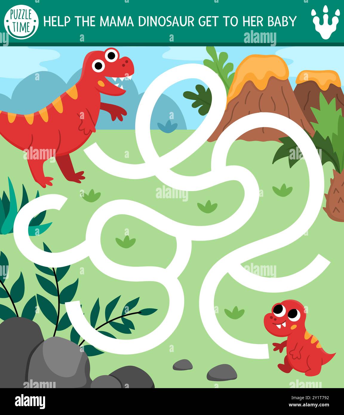 Simple dinosaur maze for kids with cute animals and ancient world landscape. Square prehistoric ...