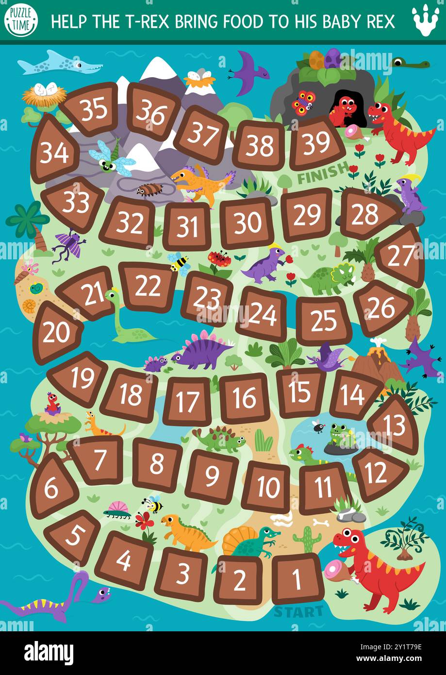 Dinosaur dice board game for children with cute animals and ancient ...