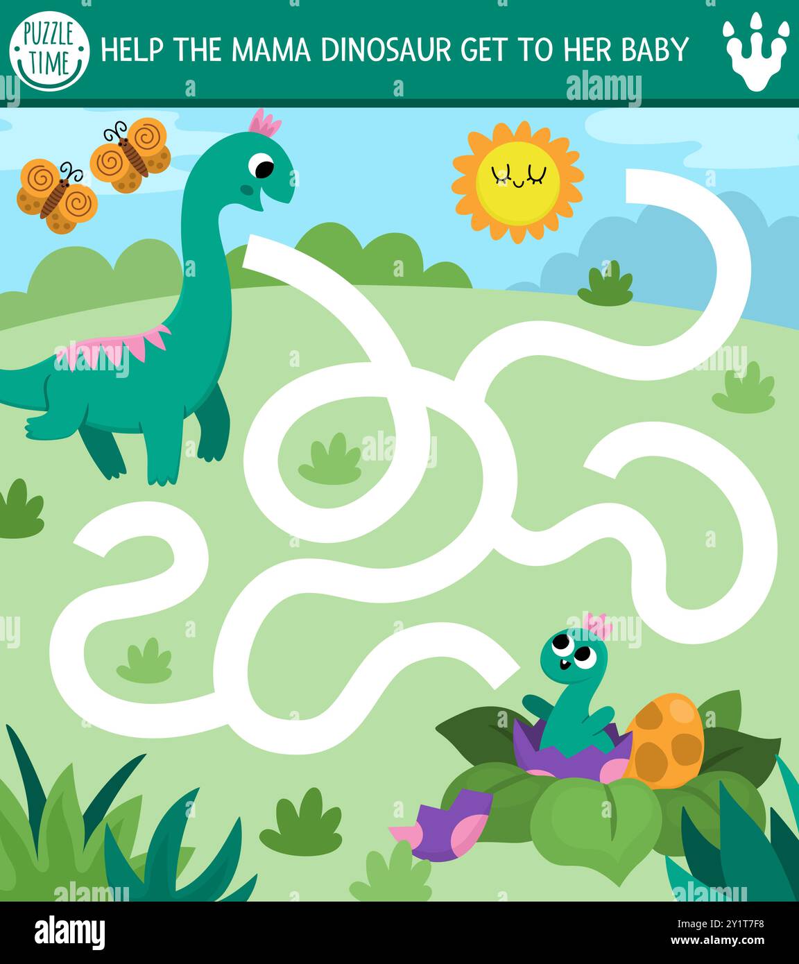 Simple dinosaur maze for kids with cute animals and ancient world landscape. Square prehistoric ...