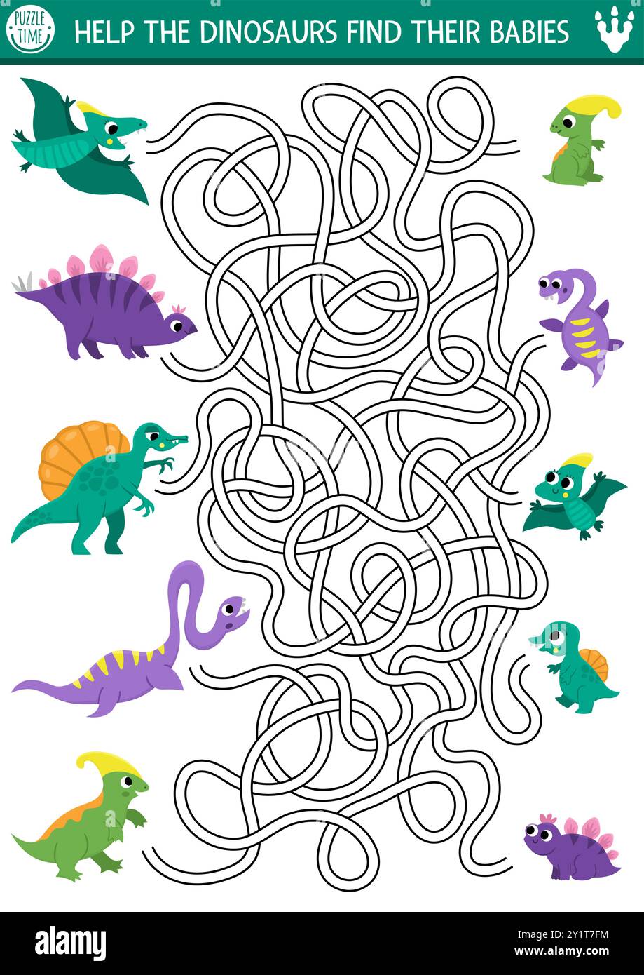 Dinosaur maze for kids with cute animals and their babies. Simple prehistoric preschool ...