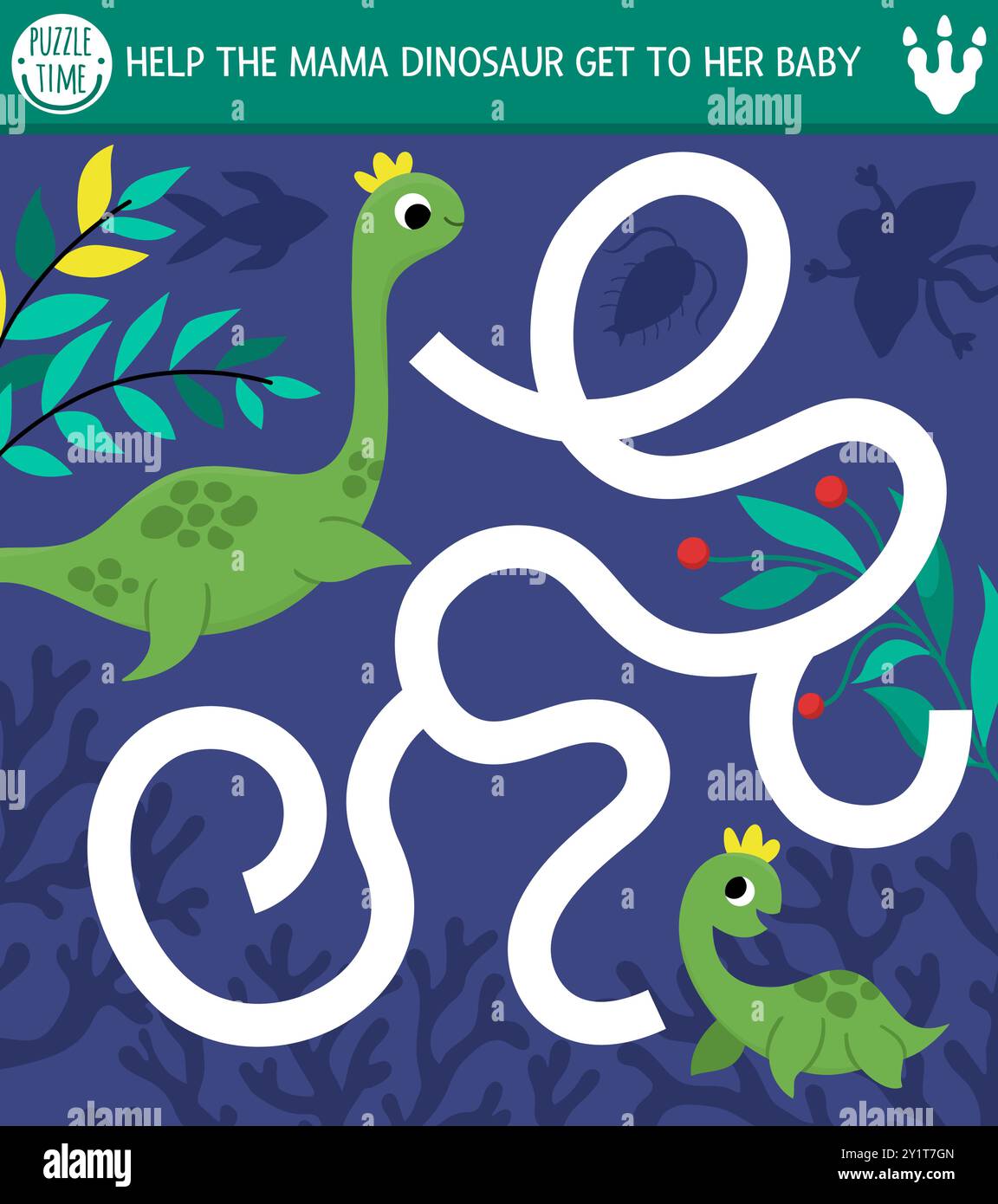 Simple dinosaur maze for kids with cute animals and ancient world landscape. Square prehistoric ...