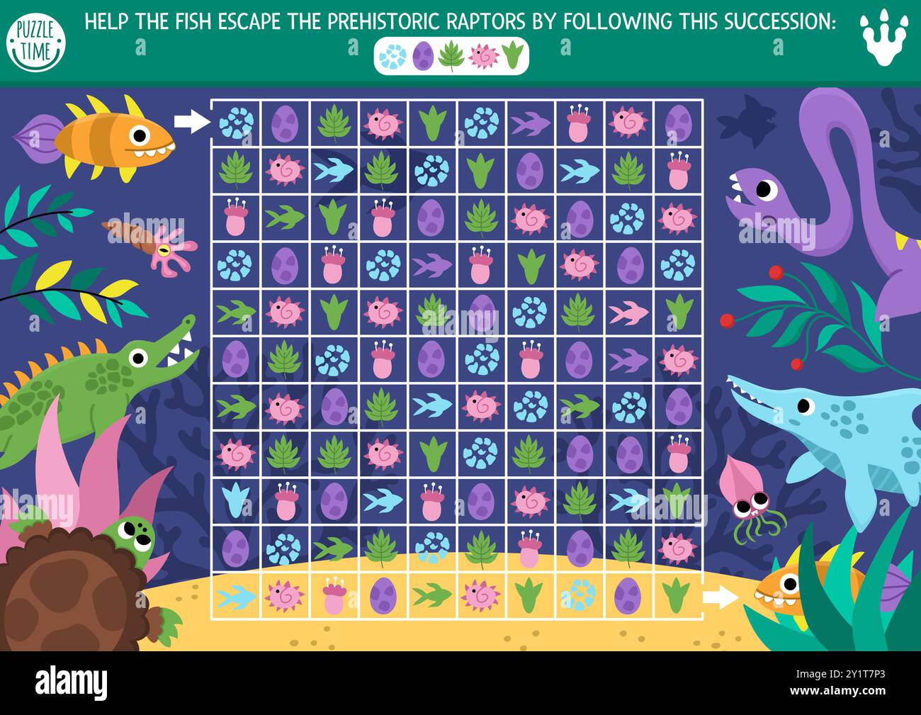 Marine dinosaur maze with eggs, leaves, fossils. Attention skills ...