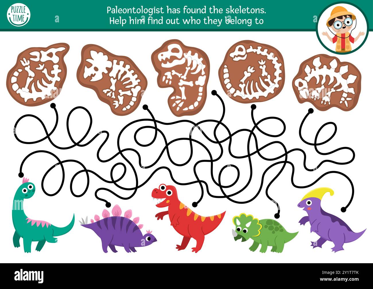 Dinosaur maze for kids with cute animals and their skeletons. Simple prehistoric preschool ...