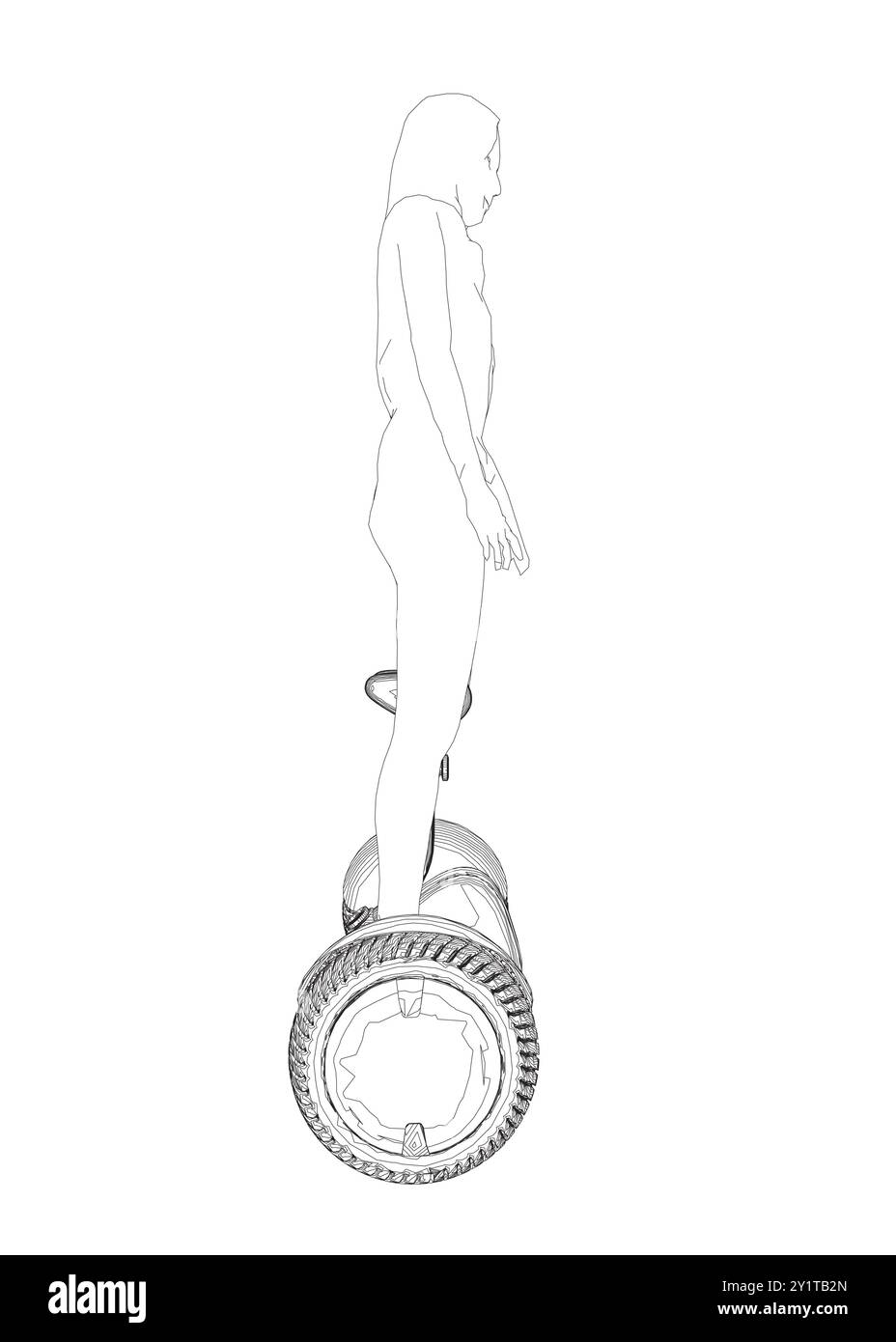 Outline of a girl standing on a segway made of black lines isolated on ...