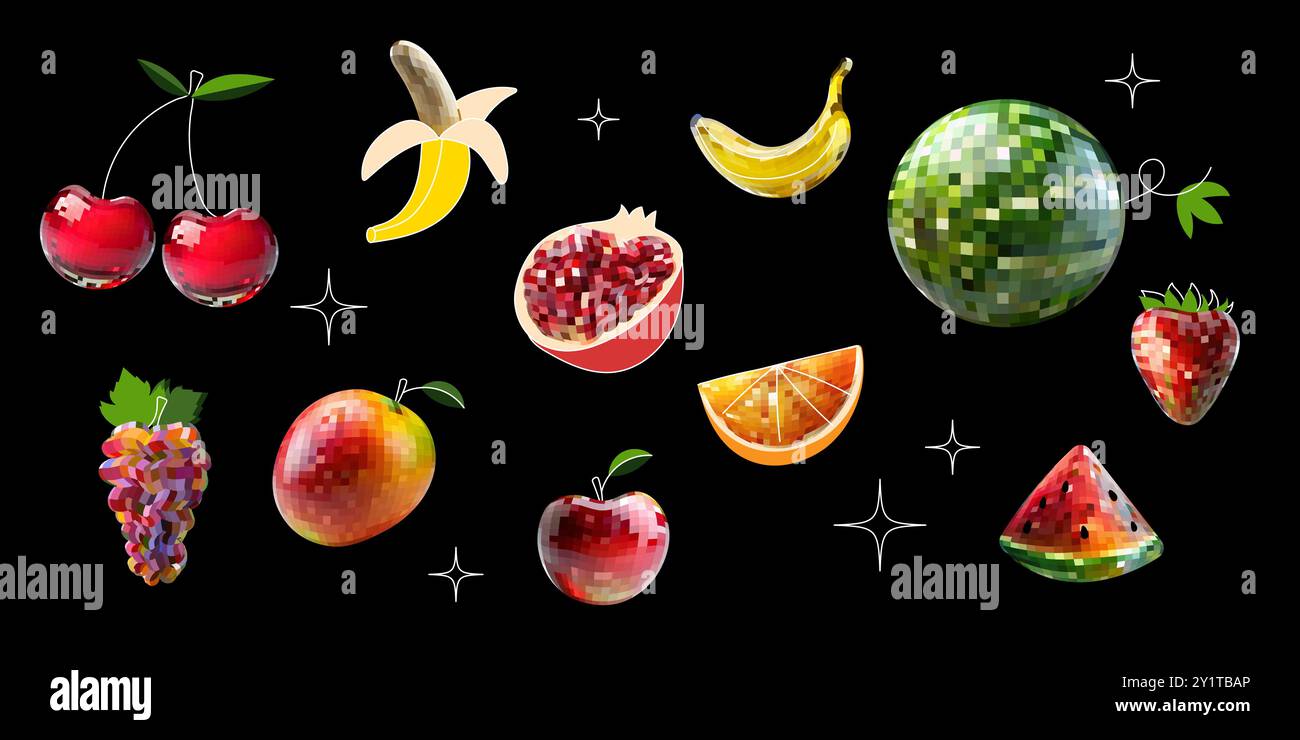 Set of disco mirror ball fruits, banana, apple, watermelon, cherry. On ...