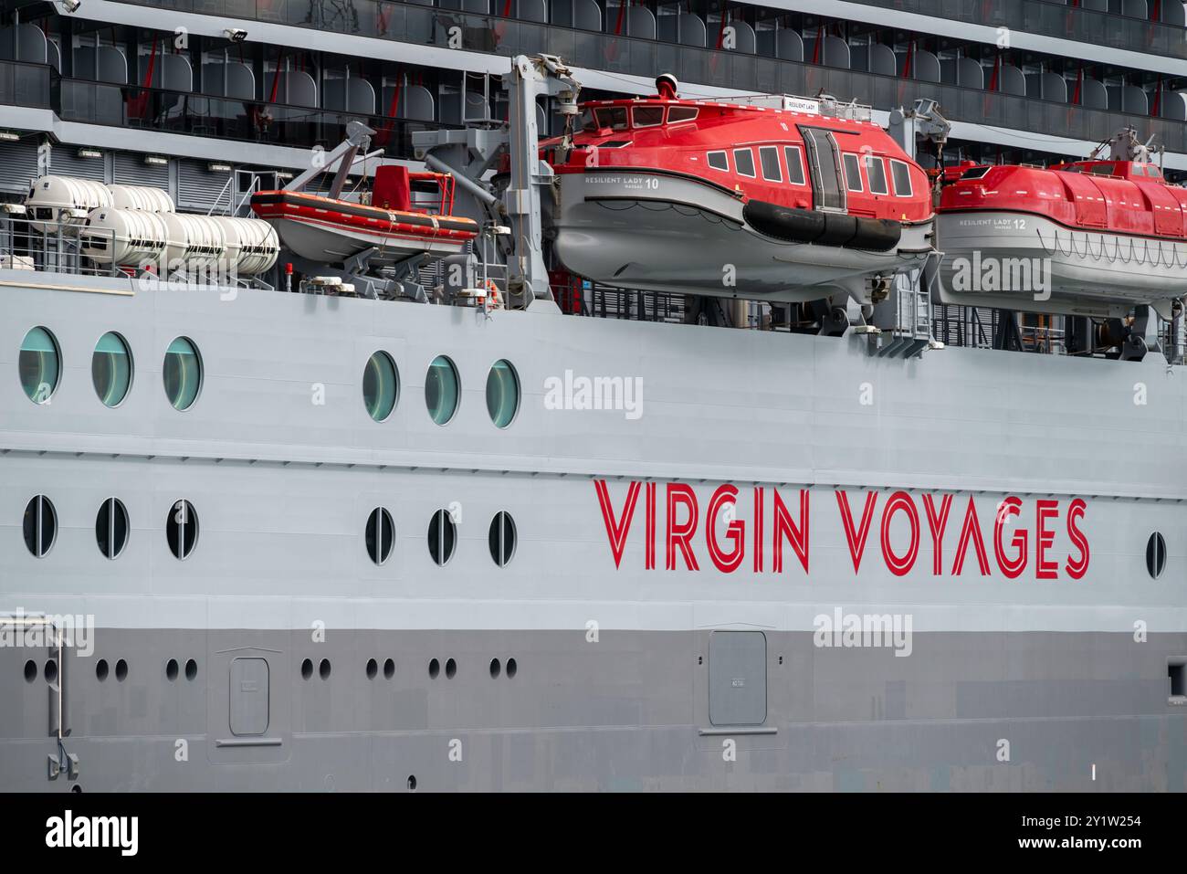Close up detail showing lifeboats on the Virgin cruise ship Resilient ...