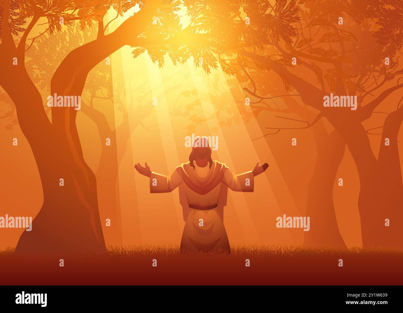 Jesus in prayer amongst the ancient olive trees of Gethsemane. Dramatic ...