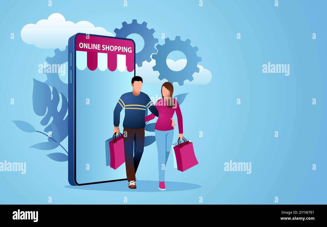 Digital age of retail, vector illustration of a couple carrying ...
