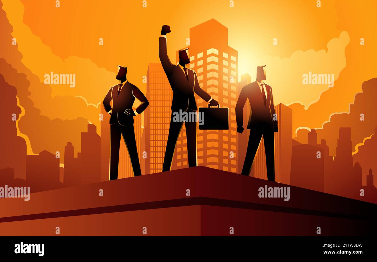 Businessmen standing on the top of a building, accomplishment ...