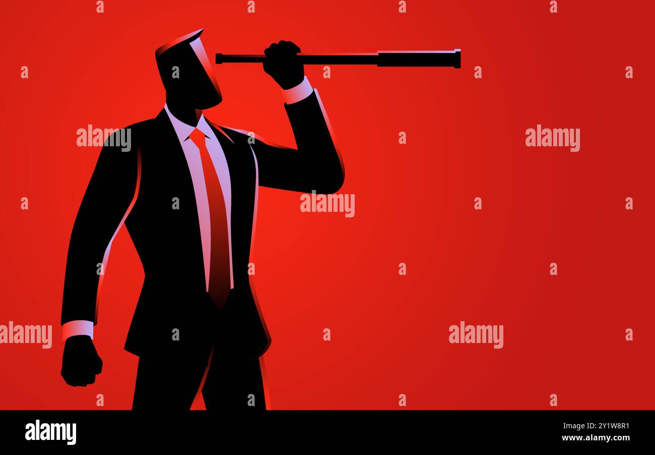 Vector illustration of a businessman standing and using a telescope ...