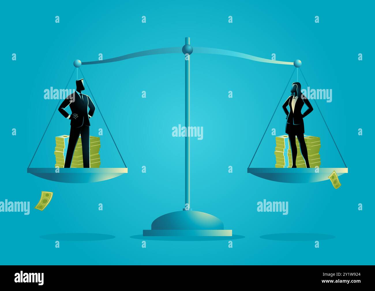 Businessman and businesswoman on a scale with money stacks, symbolizing ...