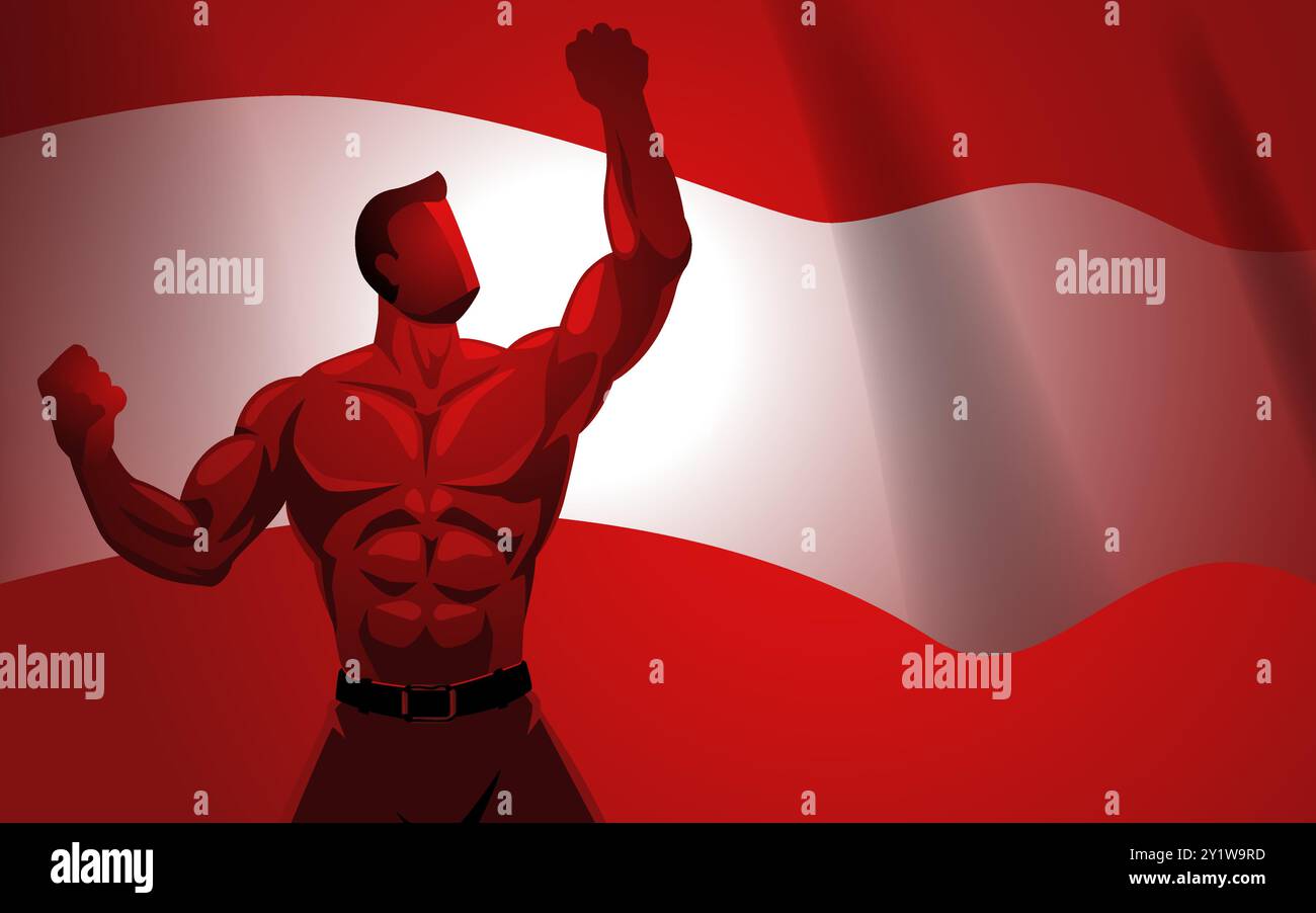 Muscular man proudly holding the flag of Indonesia. Ideal for contents ...