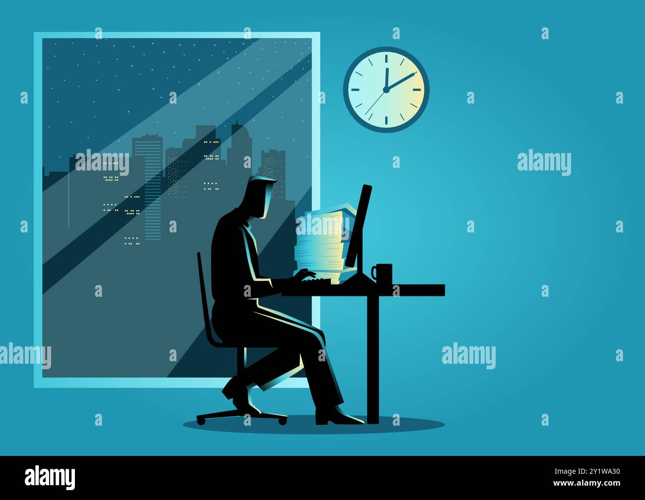 Man working on a computer late at night, with a cityscape visible ...