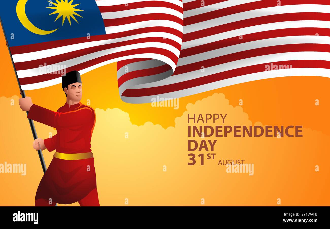 Malaysian man in traditional Malaysia clothing holding the flag of ...