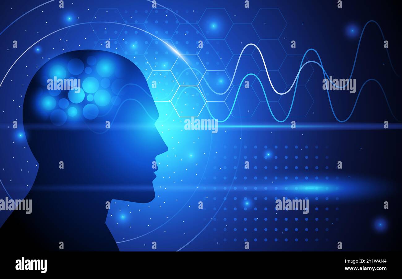 Brain emitting waves within a futuristic backdrop. Symbolizing thought ...