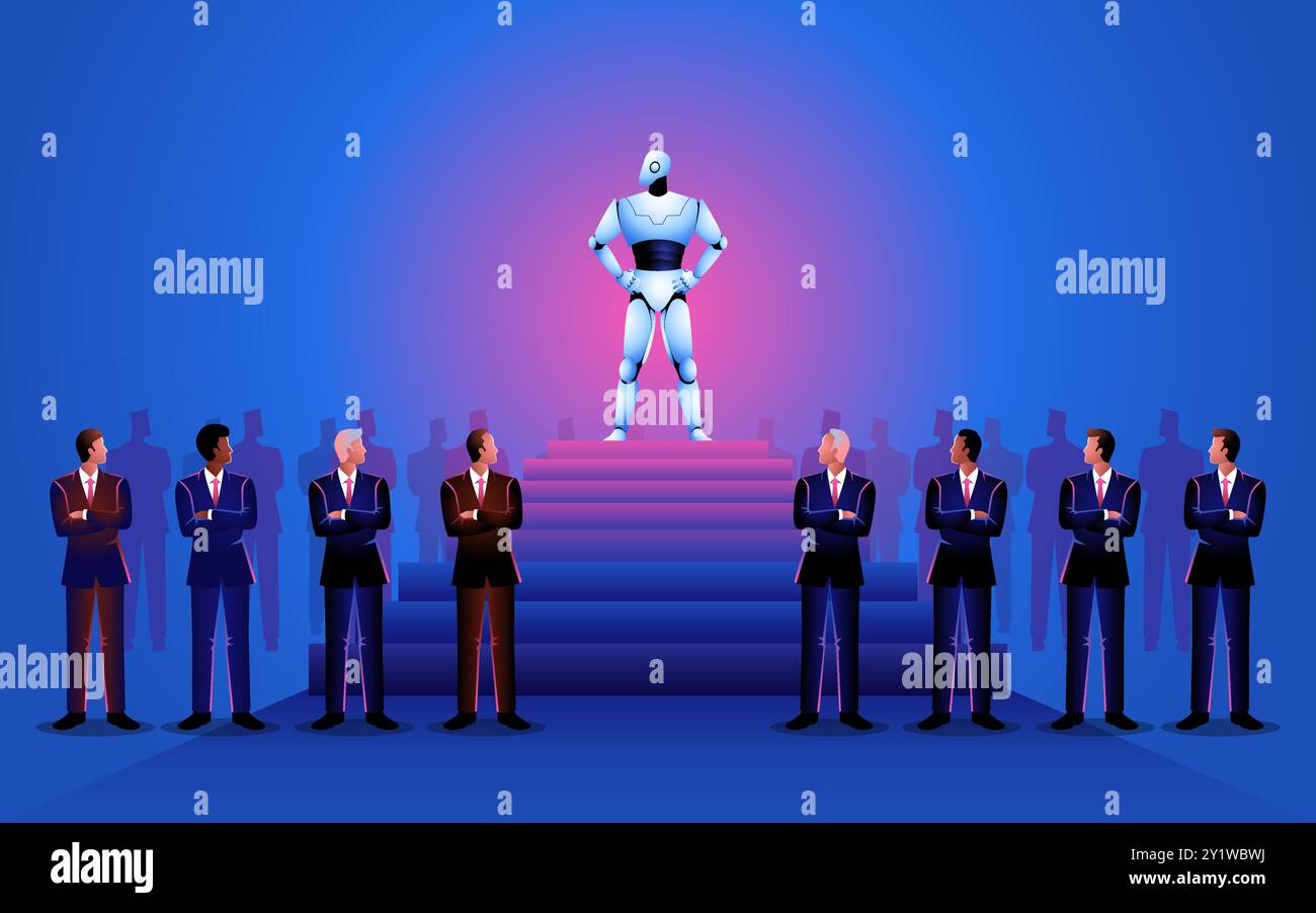 The rise of technology and automation. robot standing atop a ladder ...