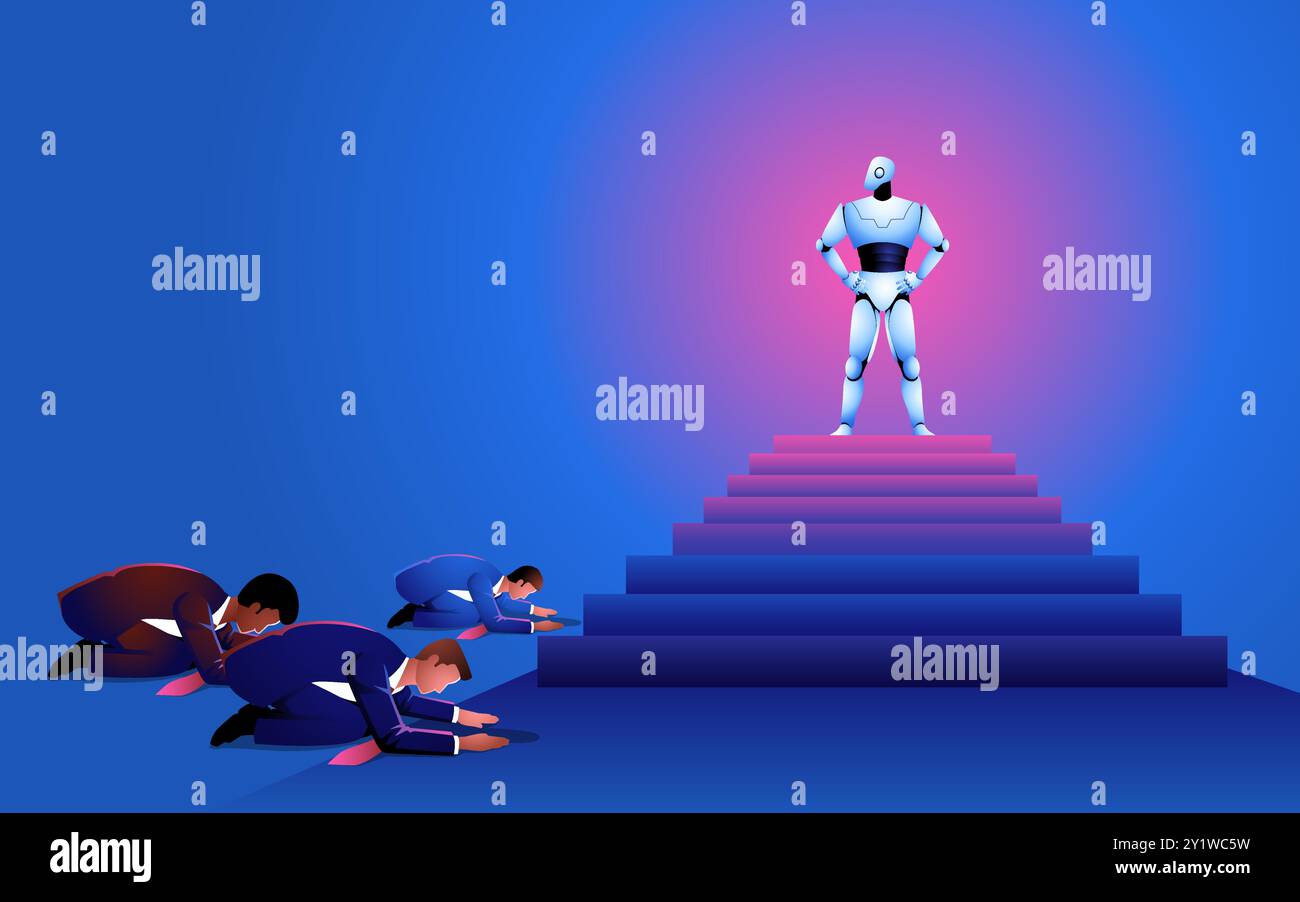 The rise of technology and automation. Businessmen bowing down and ...